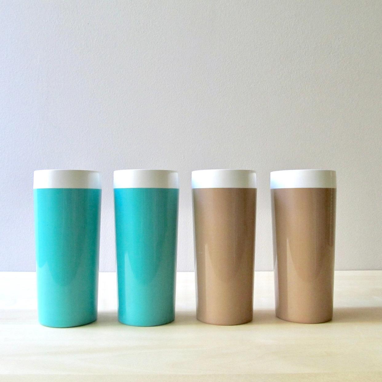 4 tall insulated drinking glasses tan and turquoise 1960 retro | Ione's ...