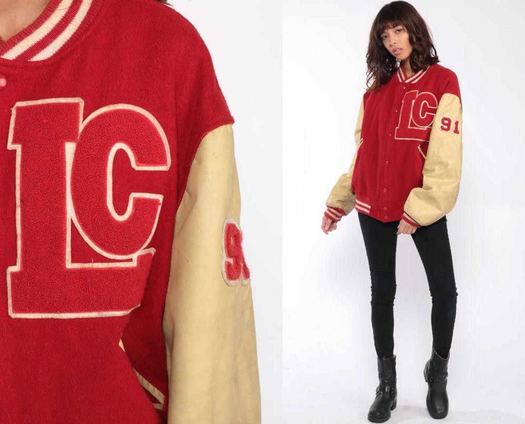 1991 Varsity Jacket Red Letterman Jacket WOOL Jacket 90s Baseball Coat ...