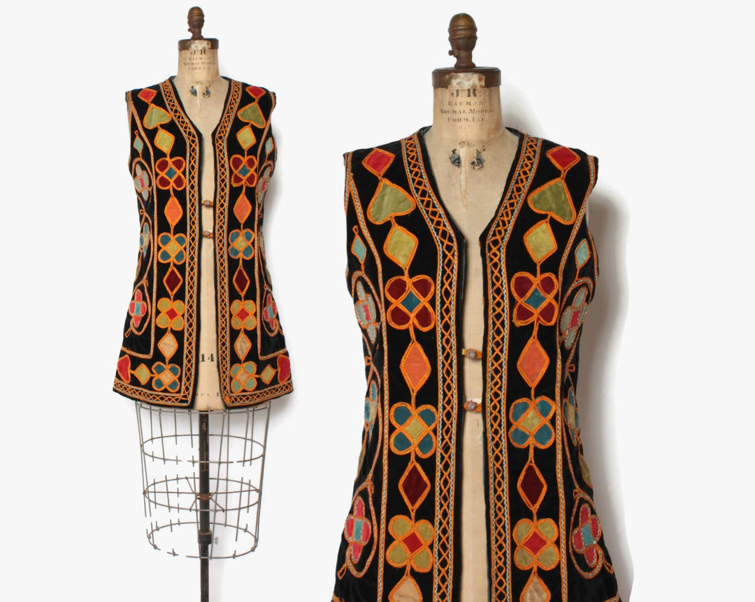 Vintage 60s Boho Velvet Vest / 1960s Long Bohemian Applique Floral ...
