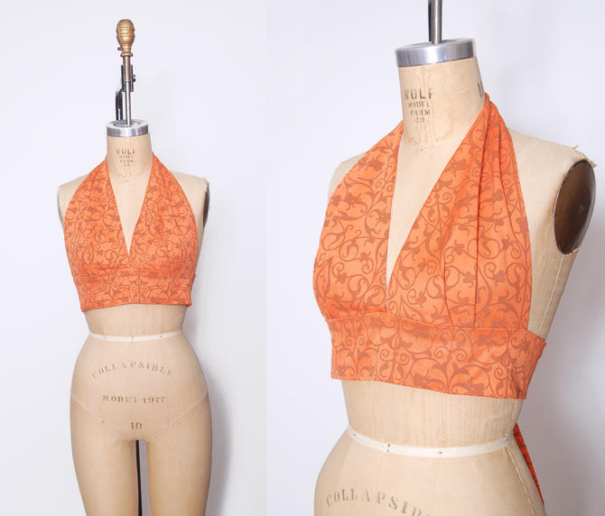 1970s halter top / 70s orange floral halter top / vintage hippie | Lotus Vintage | Huntington, NY