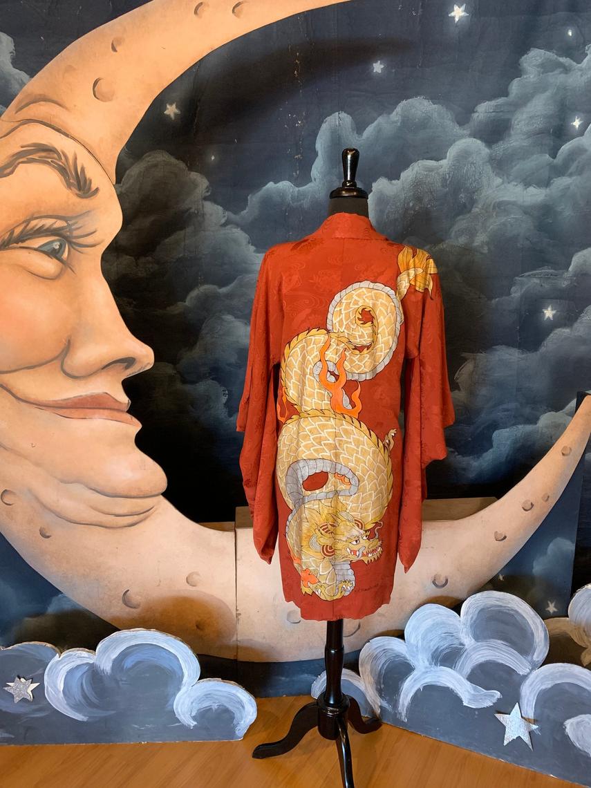 Vintage 1930s Haori Robe with Handpainted Dragon Upcycled | Paper Moon ...