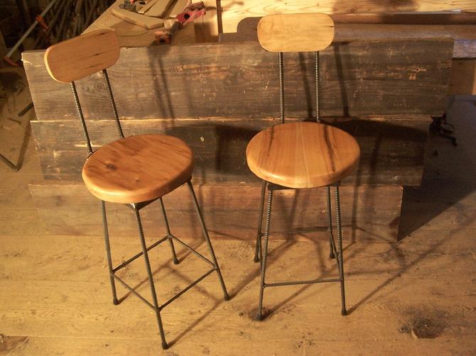 Reclaimed Maple Swivel Bar Stools with Rebar Legs and Back | Strong ...