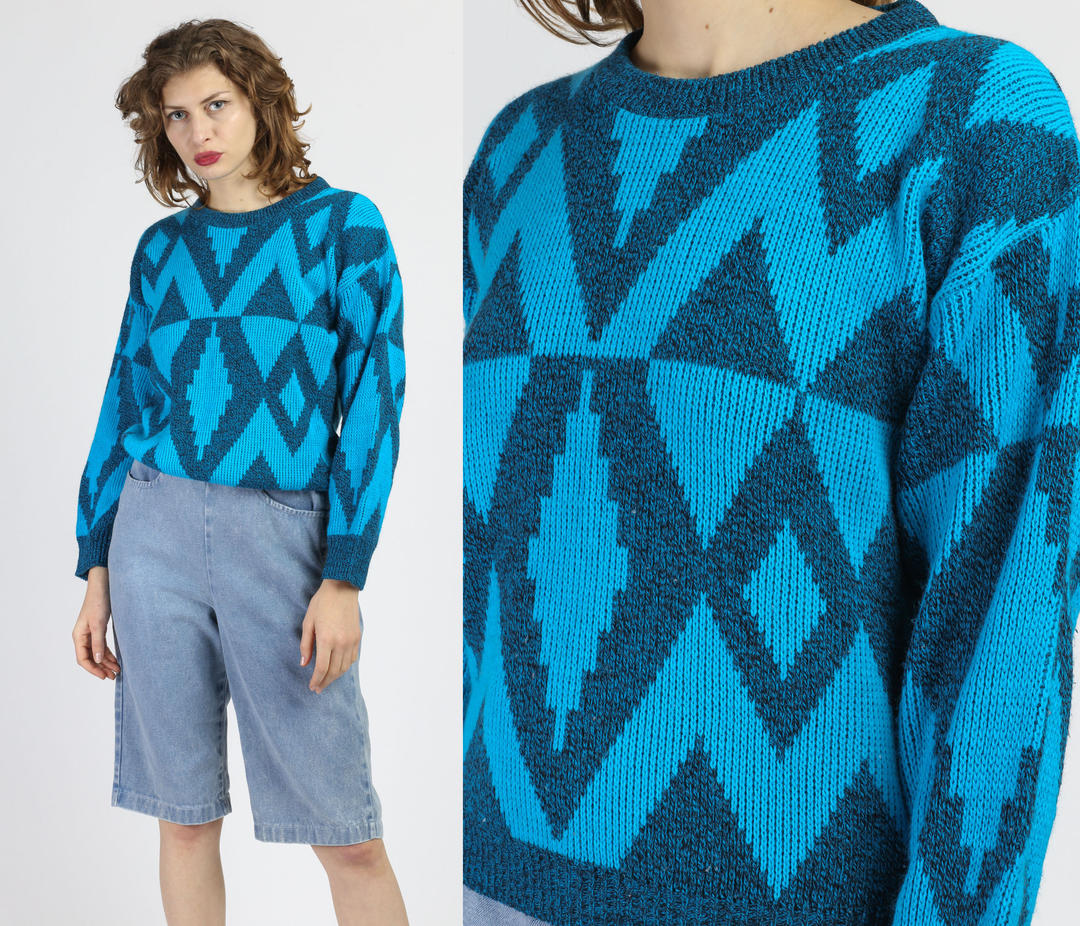 80s Blue Geometric Knit Sweater - Medium | Vintage Abstract Pullover ...