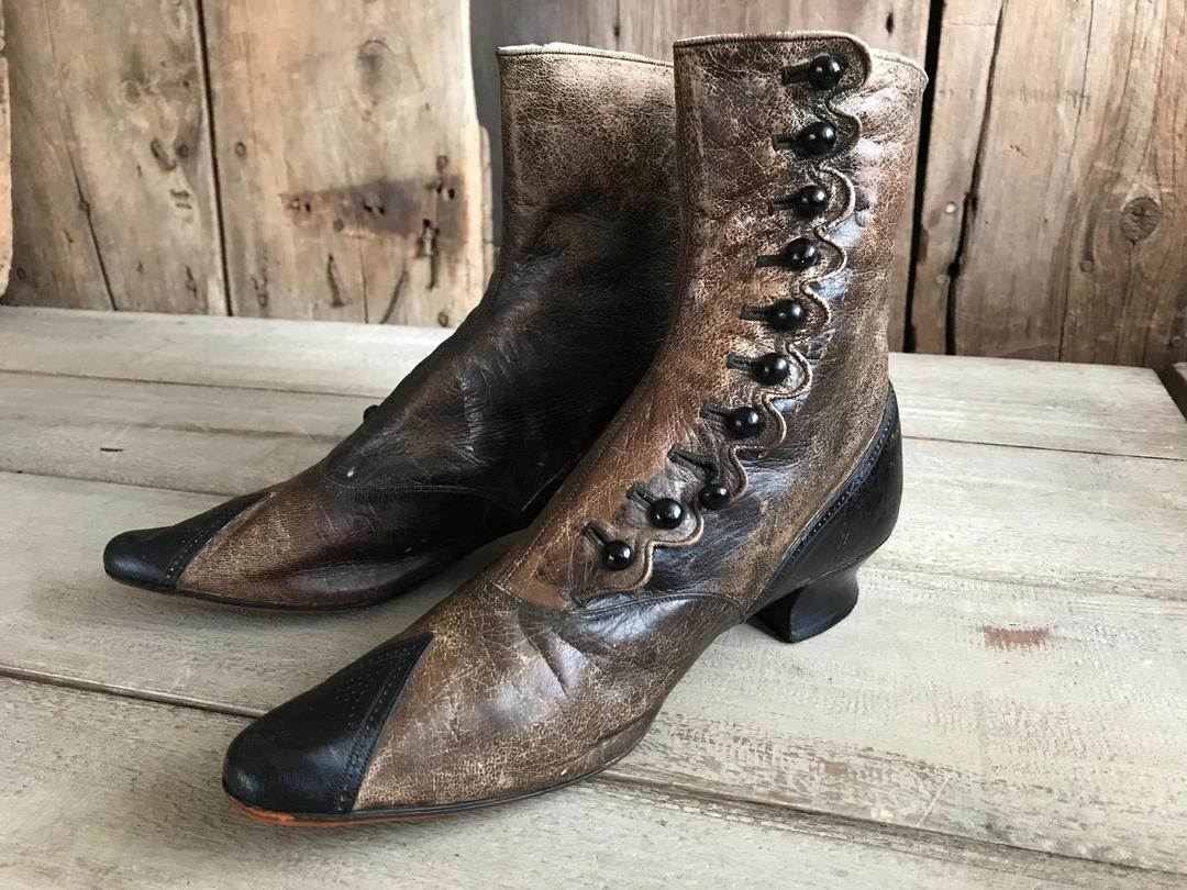 Antique Leather High Button Ankle Boots, Victorian Era, Black Brown ...