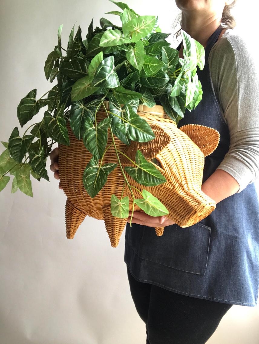 Rattan Pig Planter, Vintage Wicker Pig Planter / Wicker Pig Plant ...