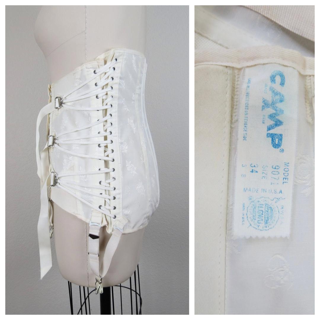 Vintage 1960s fan lace camp corset, garters, girdle, waist cincher ...
