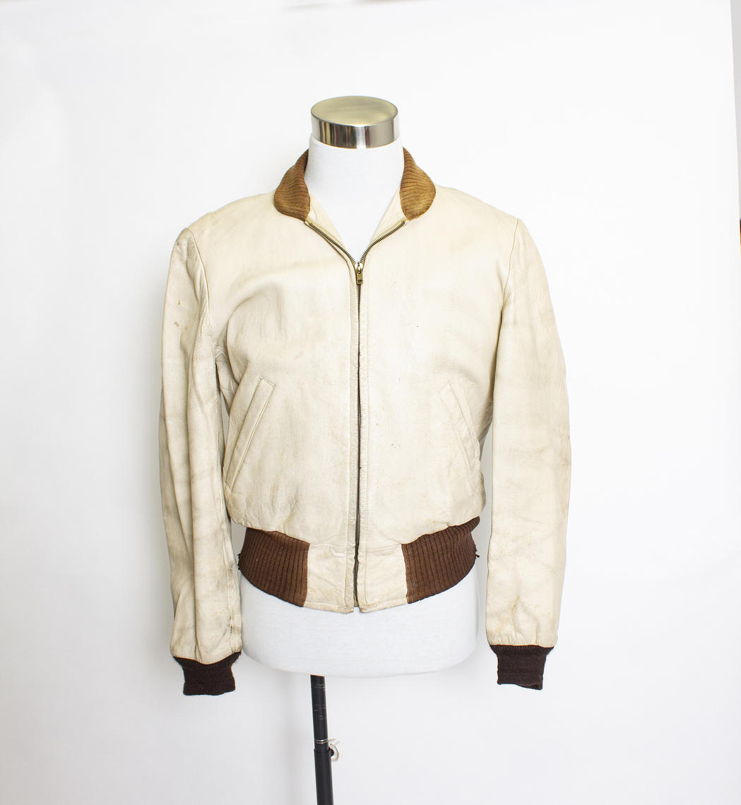 Vintage 1950s Motorcycle Jacket Beige Leather Knit Collar Bantamac 40 ...