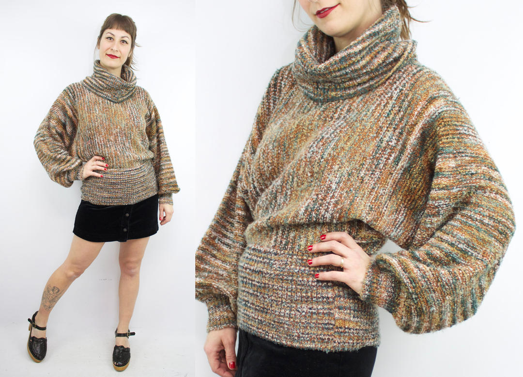 Vintage 70's Space Dyed Nubby Knit Cowl Neck Batwing Sweater / 1970 ...