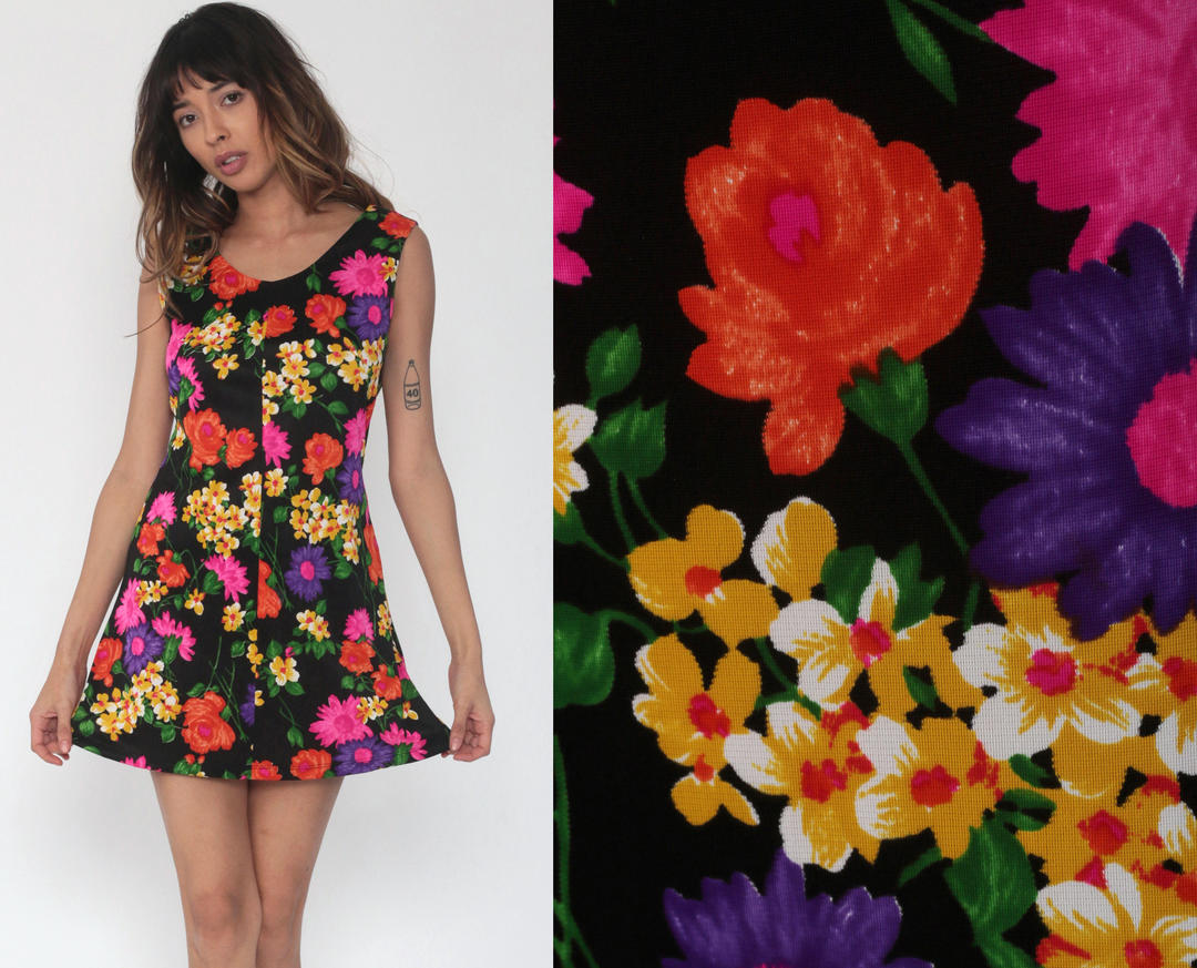 60s Mod Mini Dress Black Floral Print Shift Dress Boho | Shop Exile ...