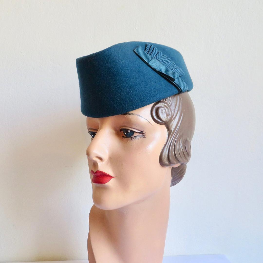 Vintage 1940's Teal Blue Felt Military Garrison Style Tilt Hat | Seek ...