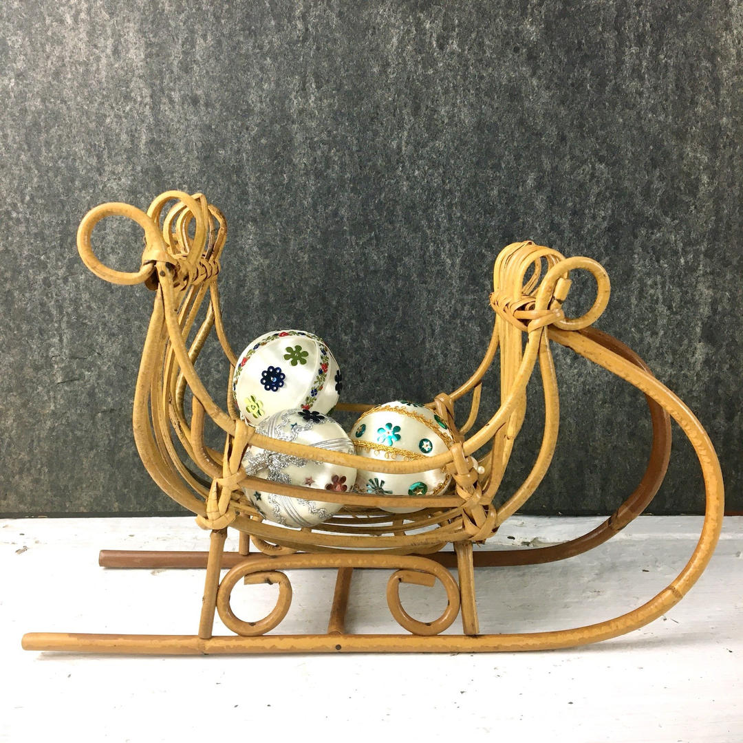 Rattan sleigh - vintage 1960s Christmas decoration | NextStage Vintage | Westborough, MA