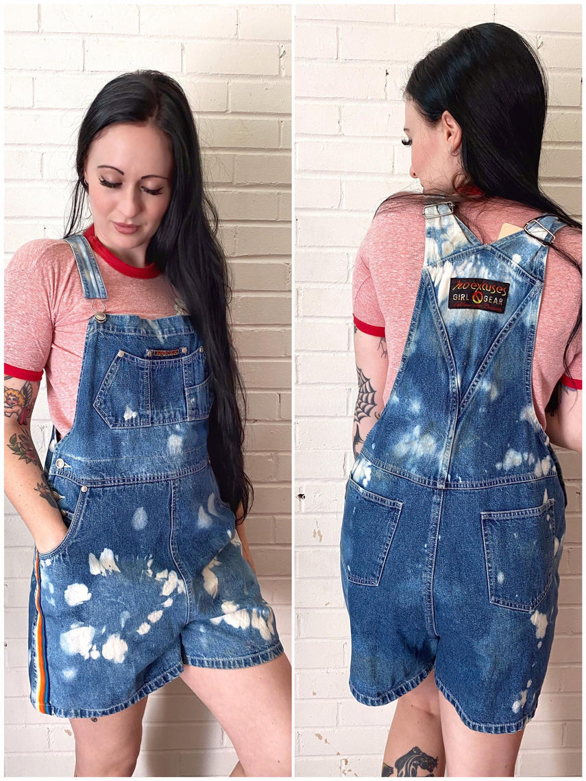 90s Bleach Tie Dye Denim Shortalls with Rainbow Side Stripe ...