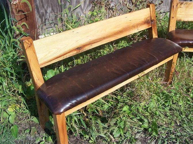 Custom Reclaimed Wood Farm Bench With Relaxed Back and Leather | Strong ...