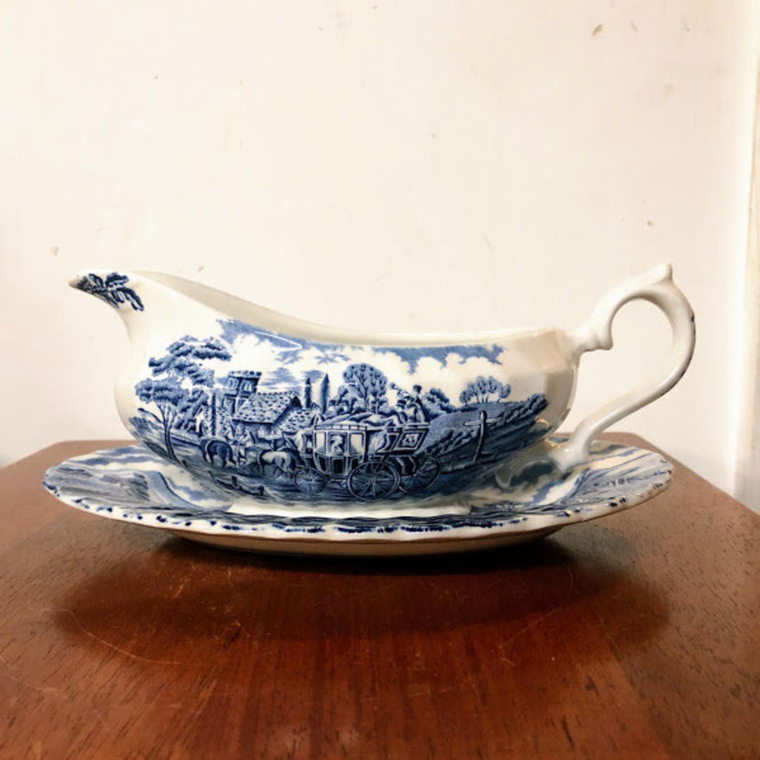 Vintage Myott Staffordshire Royal Mail Blue Gravy Boat with Underplate ...