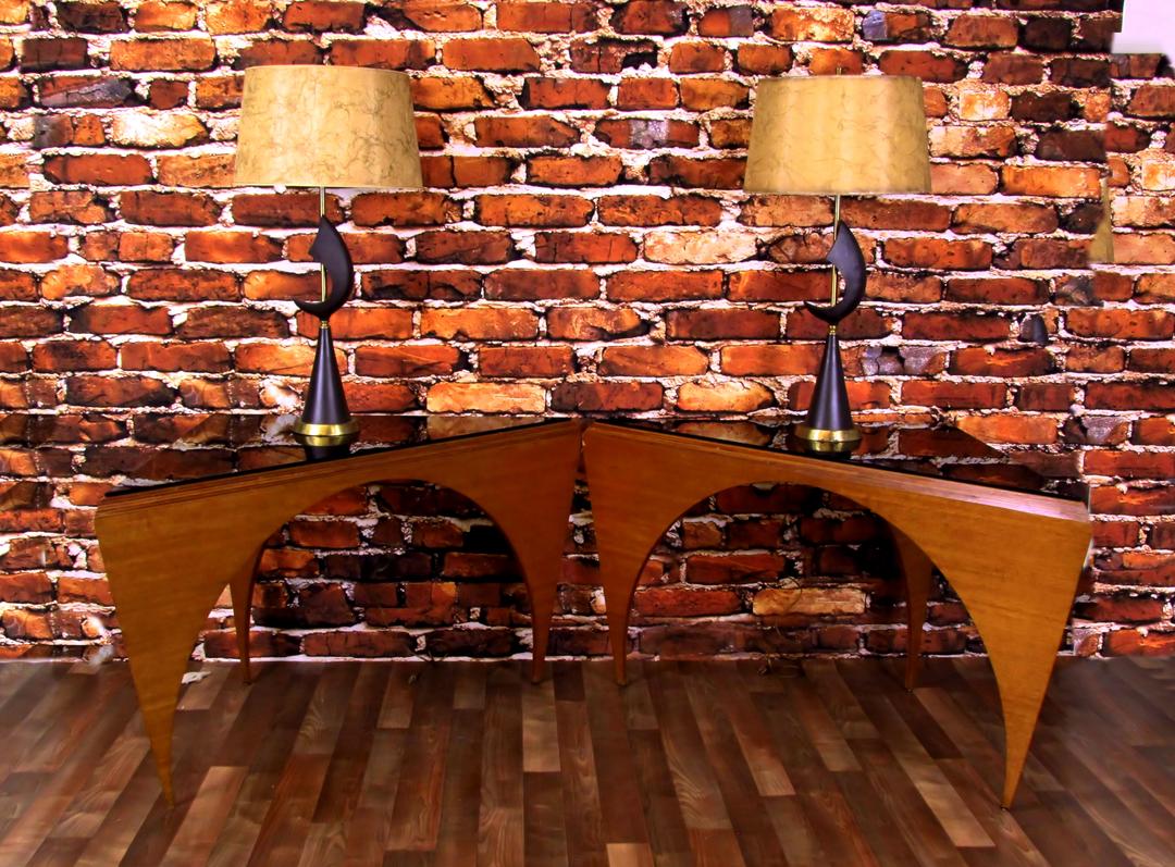 Rare Pair of MCM Teak Smoke Glass Triangle Tables | Modern Finds ...