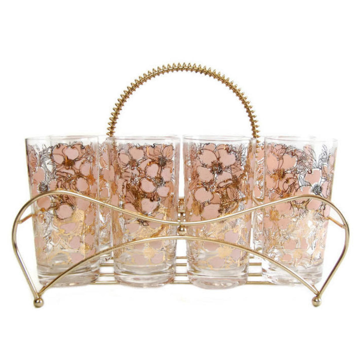 Fred Press Pink Dogwood Collins Glasses & Caddy Vintage | Curiopolis ...