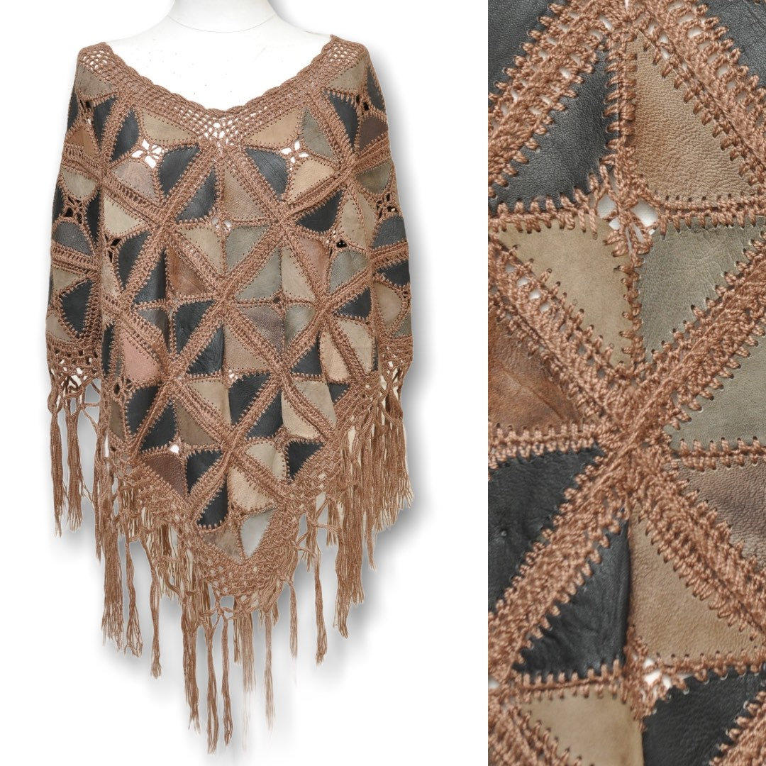 Vintage Crochet Leather and Suede Beige Poncho Cape 1970’s Patchwork ...