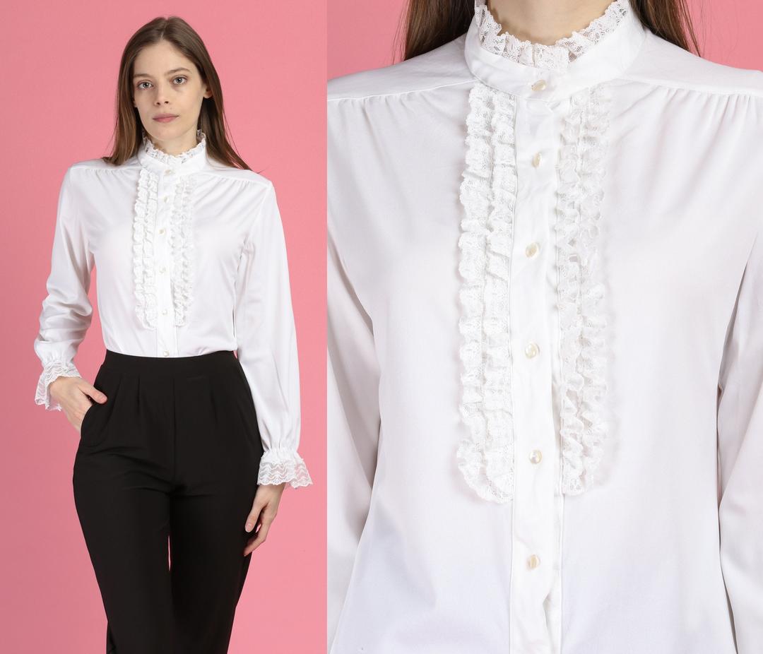 70s Edwardian White Lace Ruffle Blouse - Medium | Vintage Boho | Flying ...